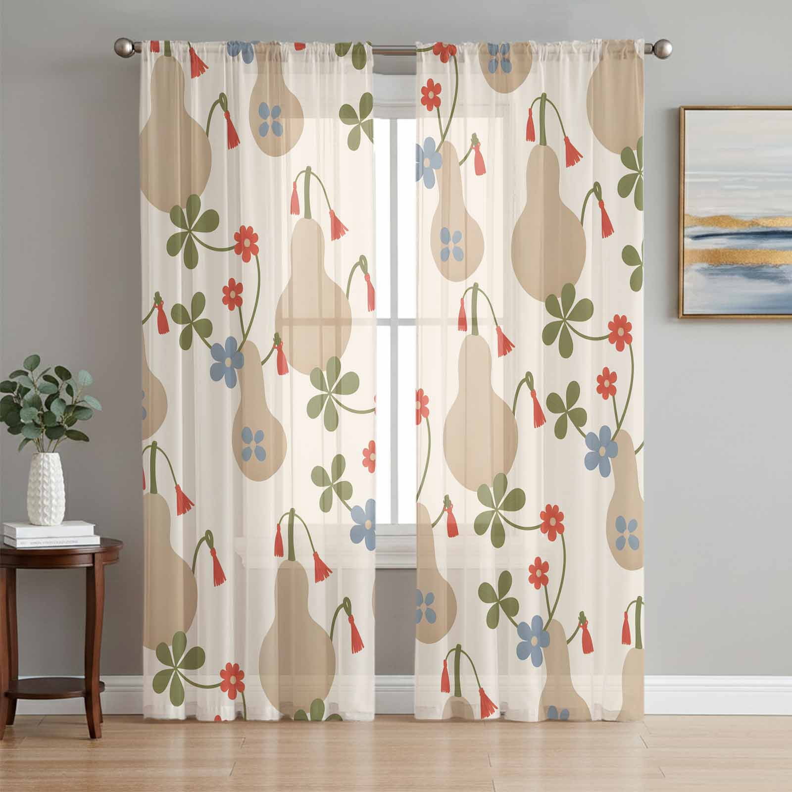 Beige Gourd Sheer Curtains for Living Room Bedroom Spring Floral ...