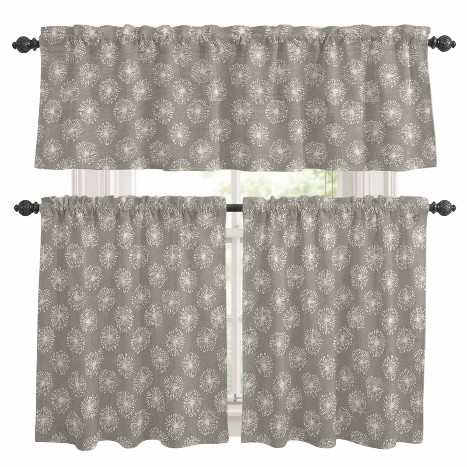 Beige Gray Dandelion Kitchen Curtains Sets for Windows 24 Inch Length ...