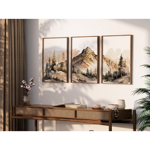 Beige Gray Mountain Forest Landscape Wall Art Set 3 Stretched Canvas ...