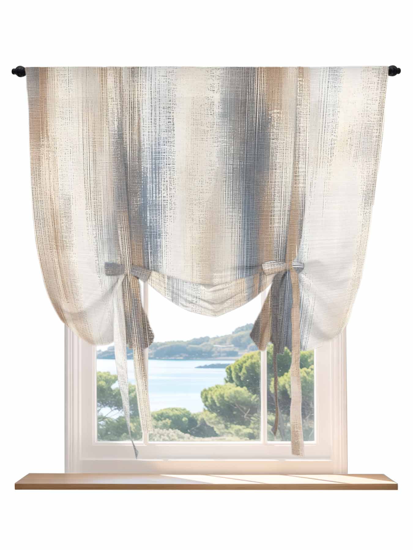Beige Gray Tie Up Curtains for Windows 45 Inch Length Balloon Curtains ...