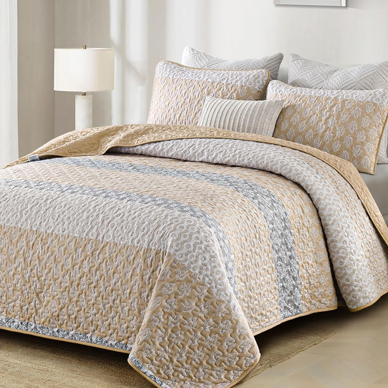 Beige - Gray - White Pattern Quilted Bedding Multi - Piece Set ...