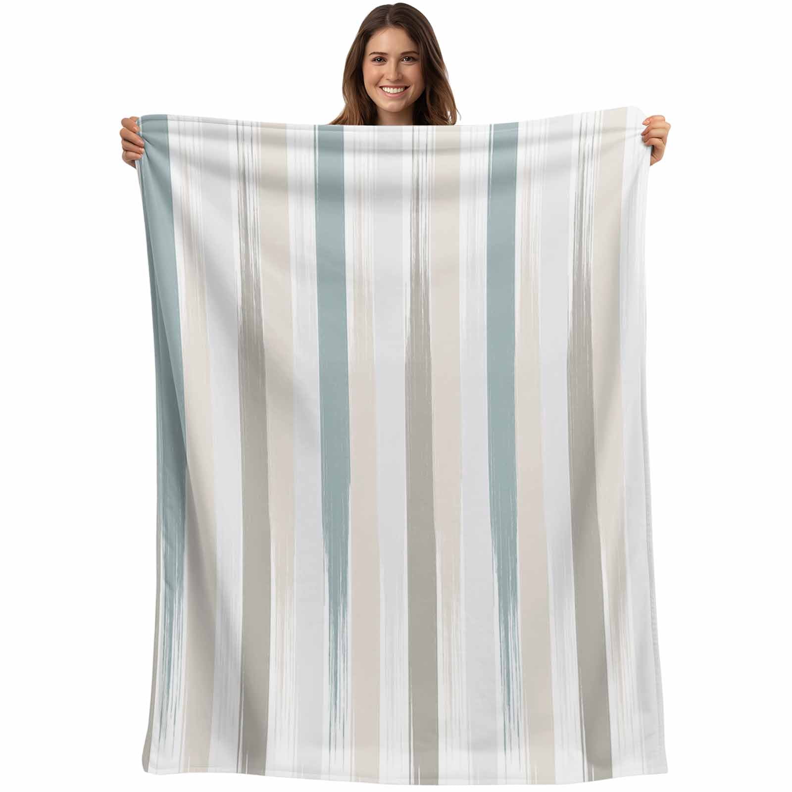 Beige Green Abstract Brushes Throw Blankets, Modern Minimalist Striped ...