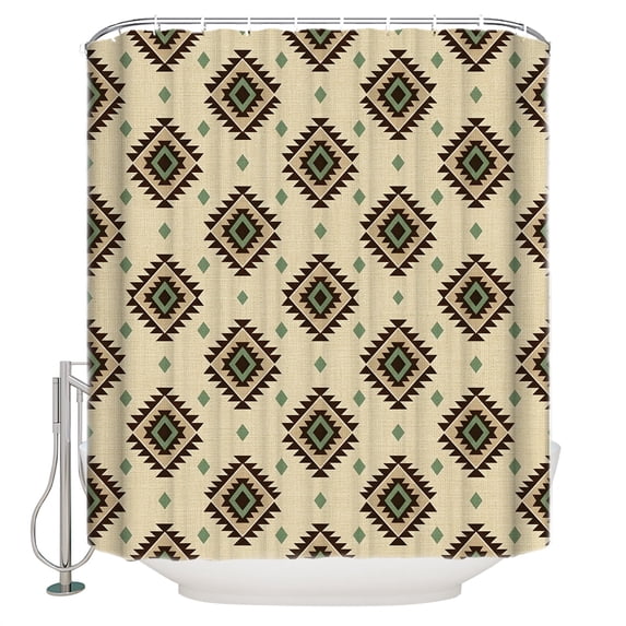 Beige Green Boho Bathroom Shower Curtains with 12 Hooks Polyester ...