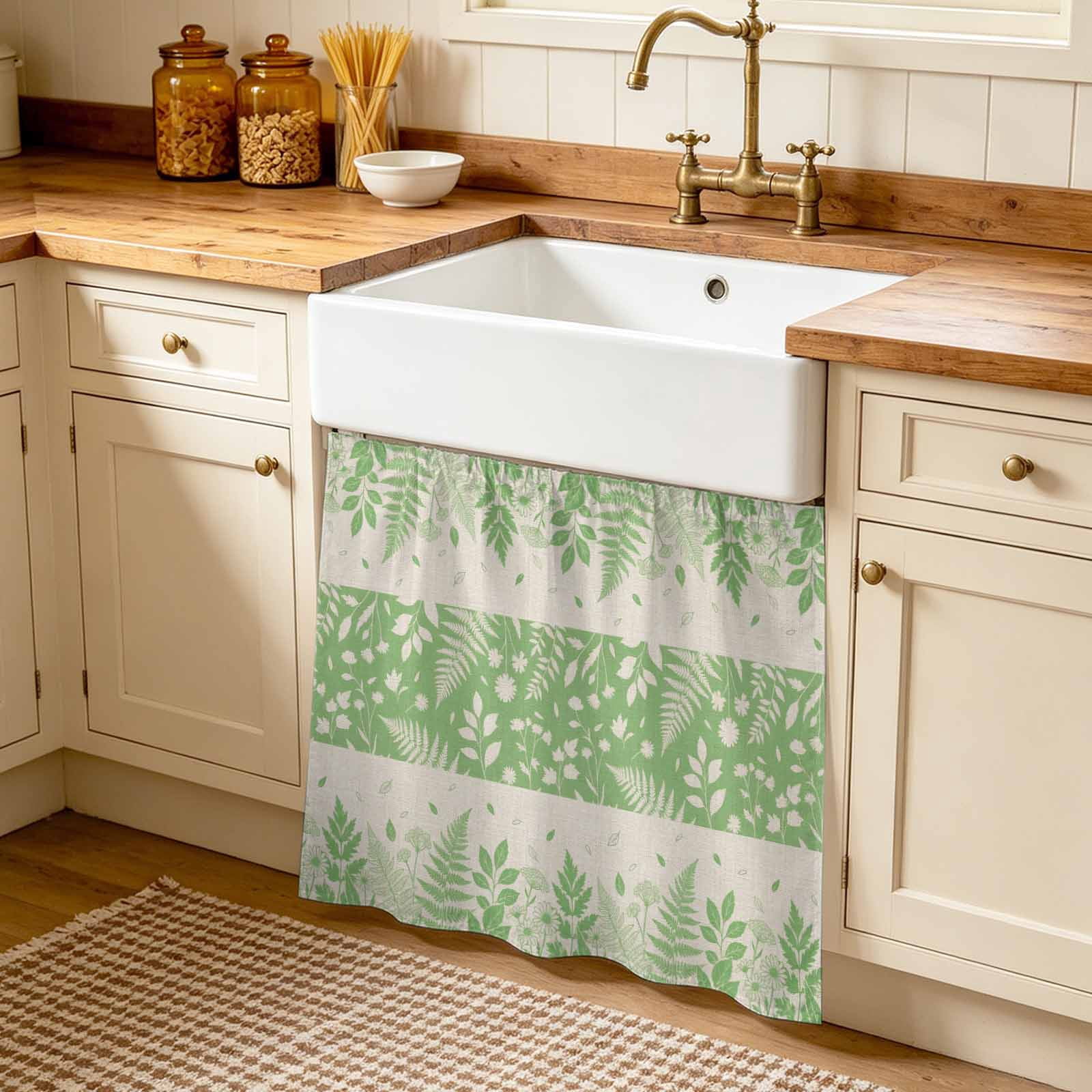 Beige Green Botanical Cabinet Curtains 35"W x 35"L, Farmhouse Pastoral ...