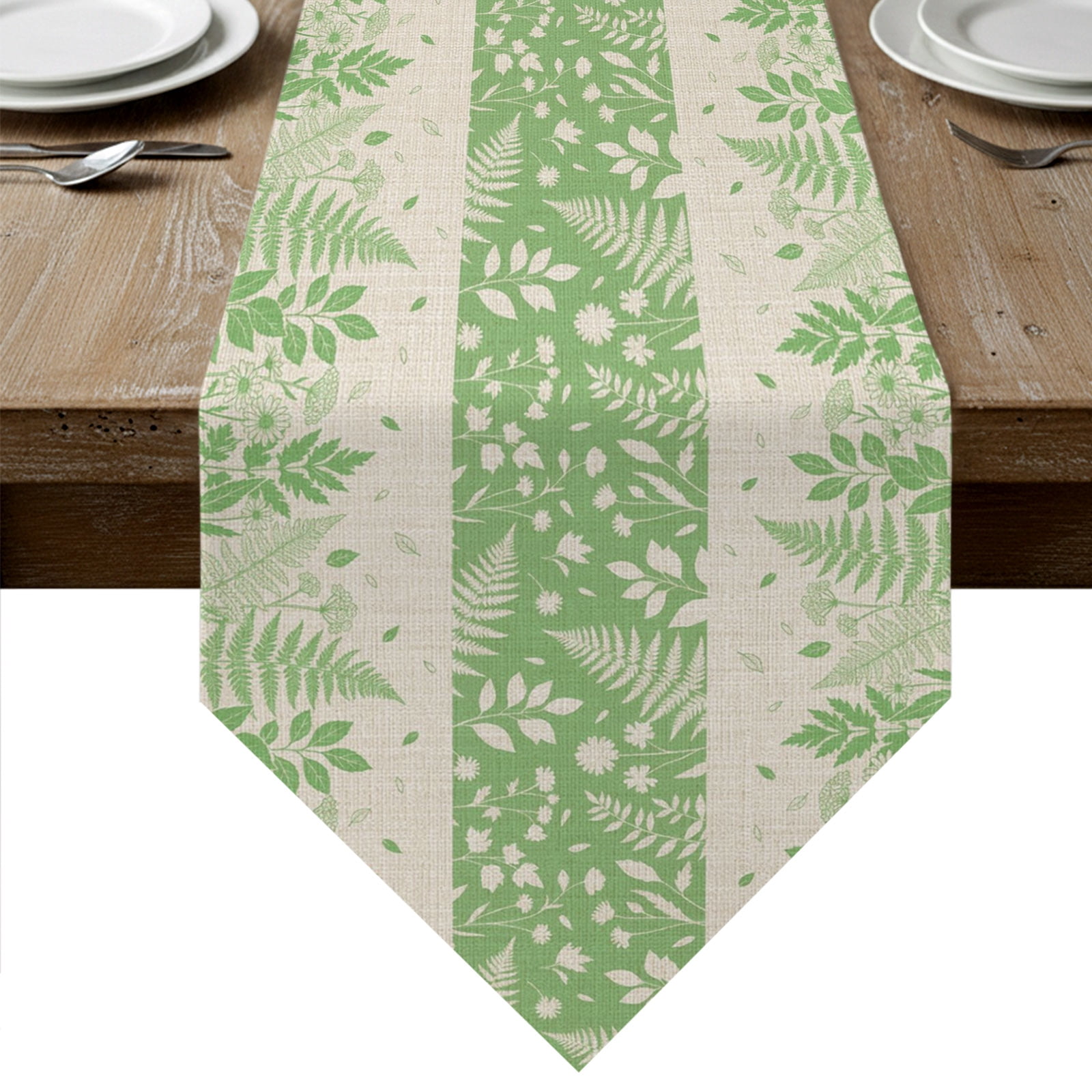 Beige Green Botanical Table Runner Linen Burlap Table Runner 60 Inches ...
