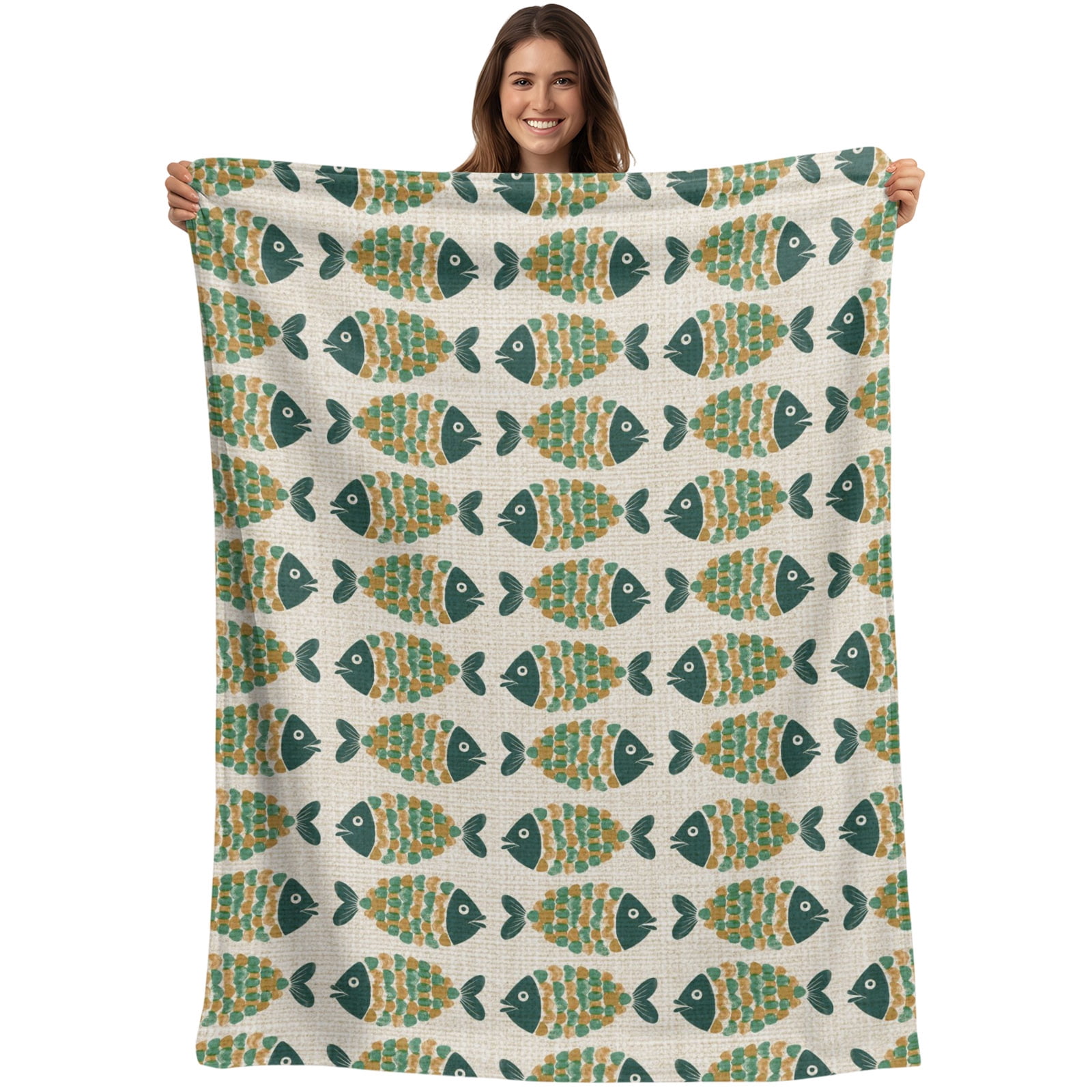 Beige Green Fish Blanket Soft Cozy Warm Throw Blanket for Couch, Plush ...