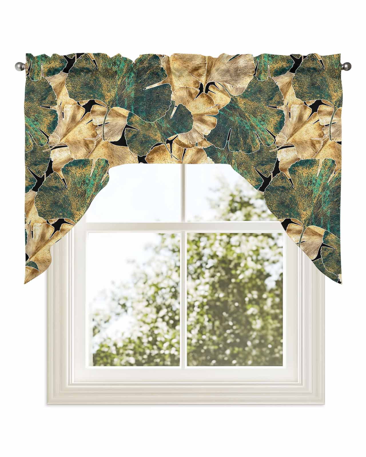 Beige Green Leaves Kitchen Swag Valance for Window, Rod Pocket Short ...