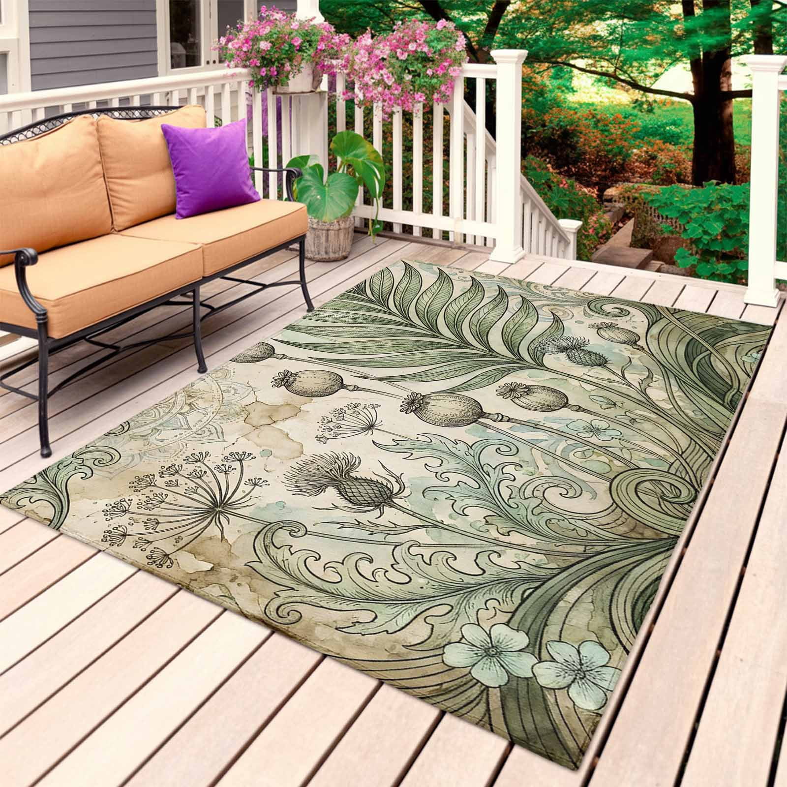 Beige Green Leaves Outdoor Rug for Patio/Deck/Porch, Non-Slip Large ...