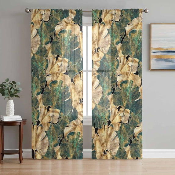 Beige Green Leaves Sheer Curtains 96 Inch Length 2 Panels Set ...
