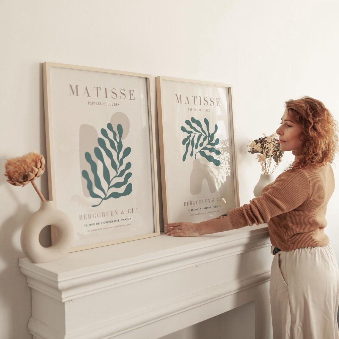 Beige Green Print Botanical Gallery Wall Art Set 2 Stretched Canvas ...