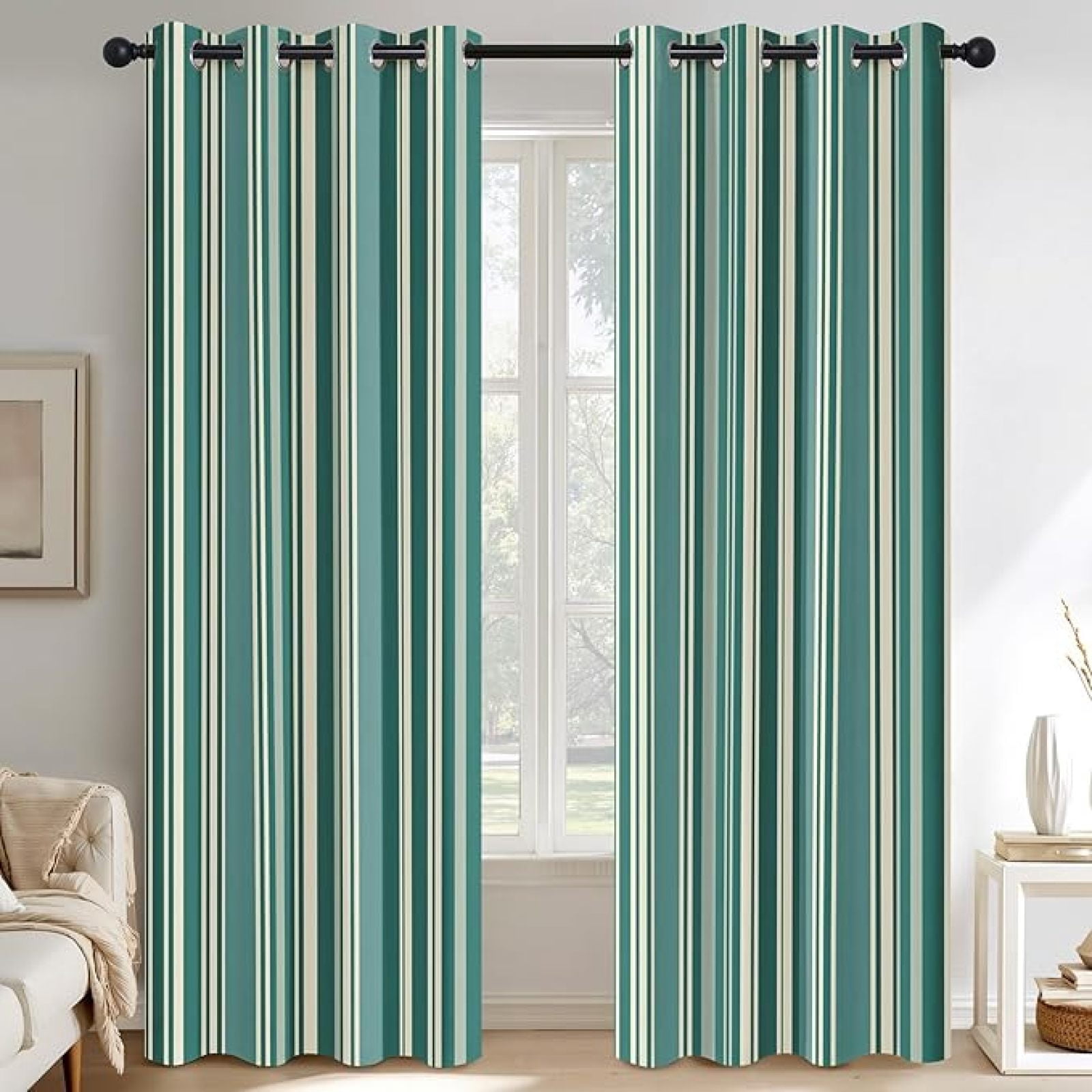 Beige Green Striped Curtains for Living Room, Thermal Insulated Modern ...
