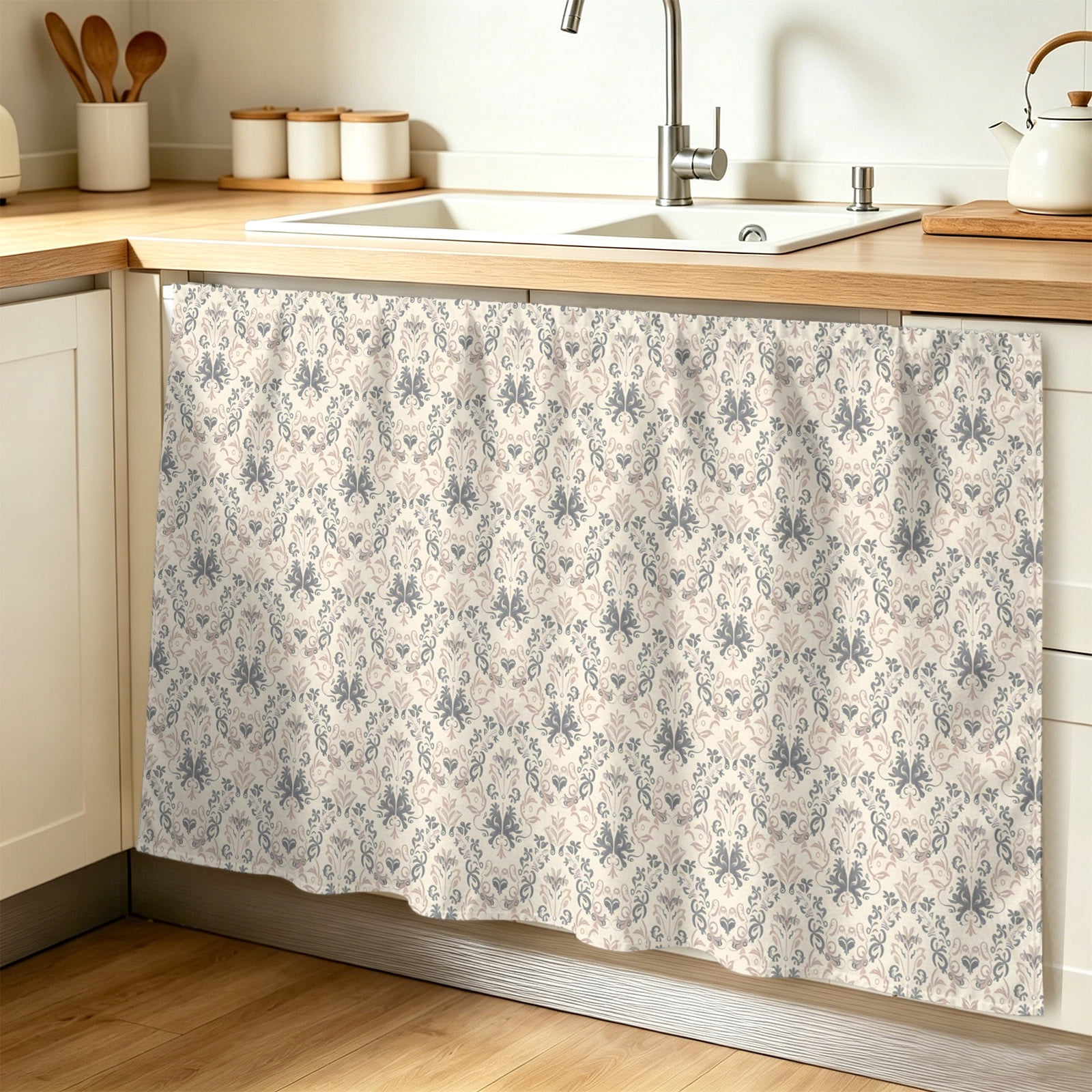 Beige Grey Baroque Cabinet Curtains for Shelves, Abstract Art Floral ...