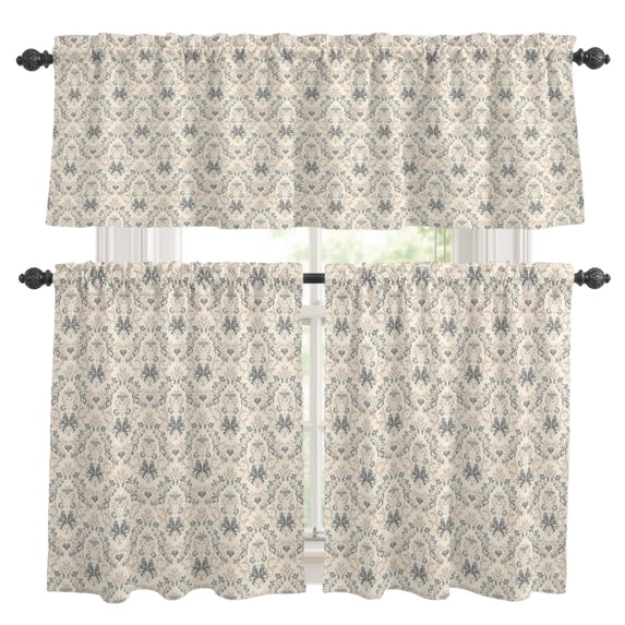 Beige Grey Baroque Kitchen Curtains, Kitchen Curtains and Valances Set ...