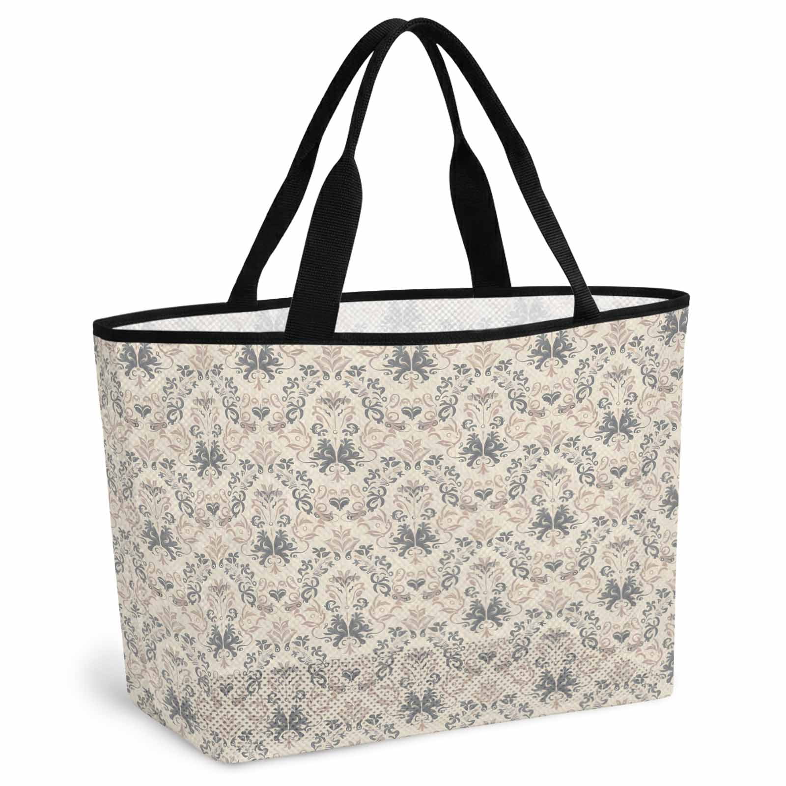 Beige Grey Baroque Mesh Beach Bag for Women Men,Large Beach Tote ...