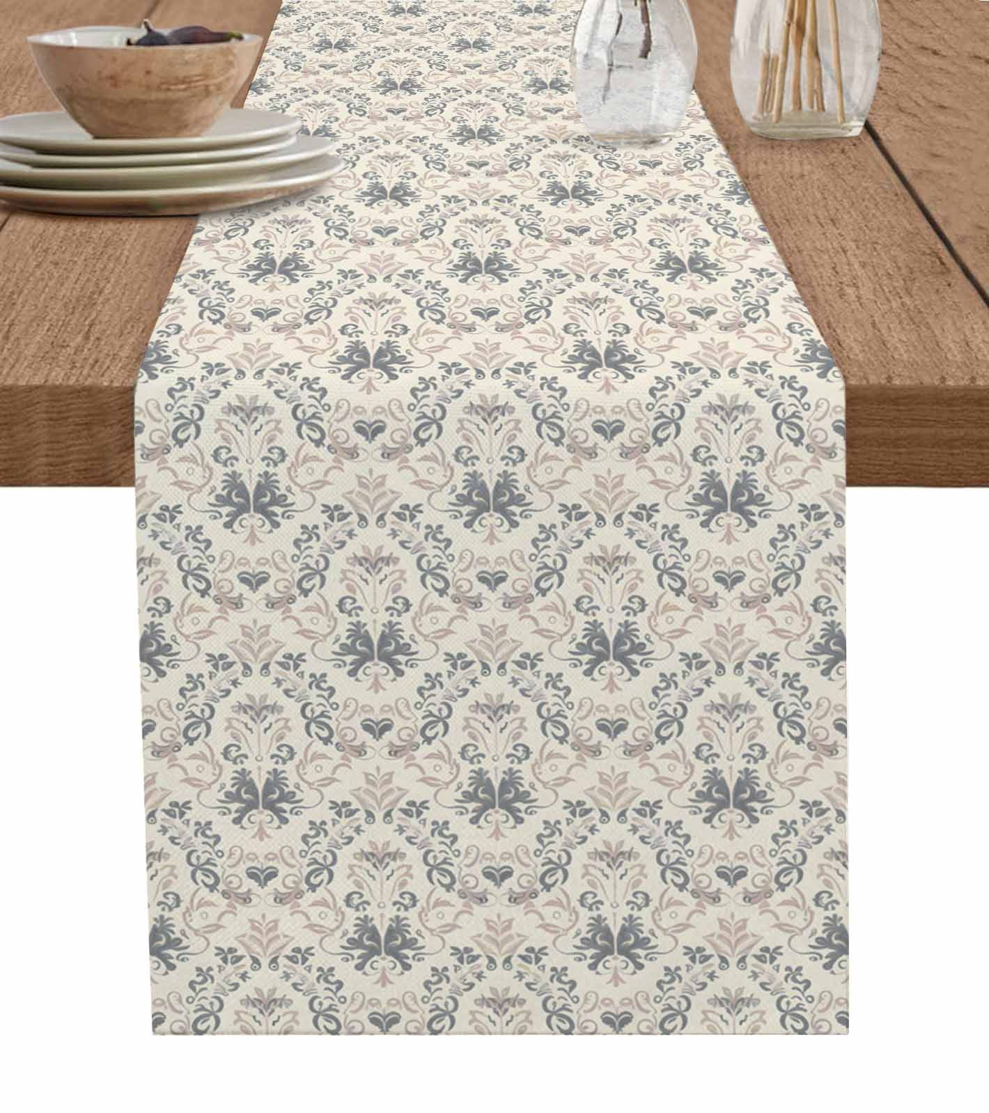 Beige Grey Baroque Table Runner 90 Inches, Abstract Art Floral Pattern ...