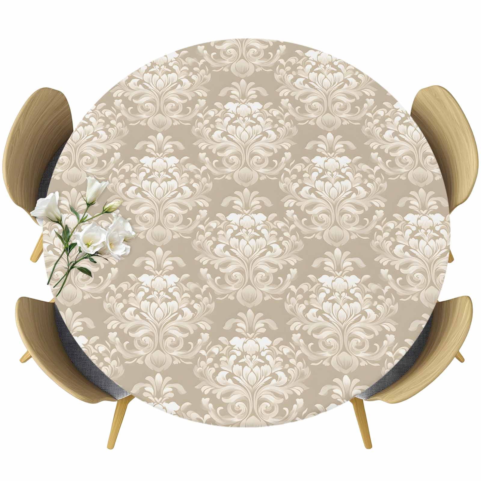 Beige Grey Boho Floral Round Tablecloth 36-44 Inch Round Fitted Table ...