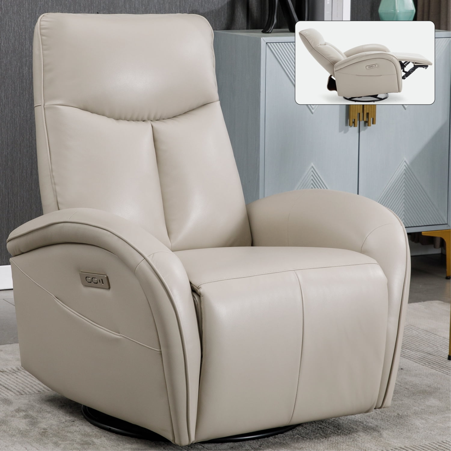 Beige Grey Leatheraire Swivel and Rocker Power Recliner Chair with ...