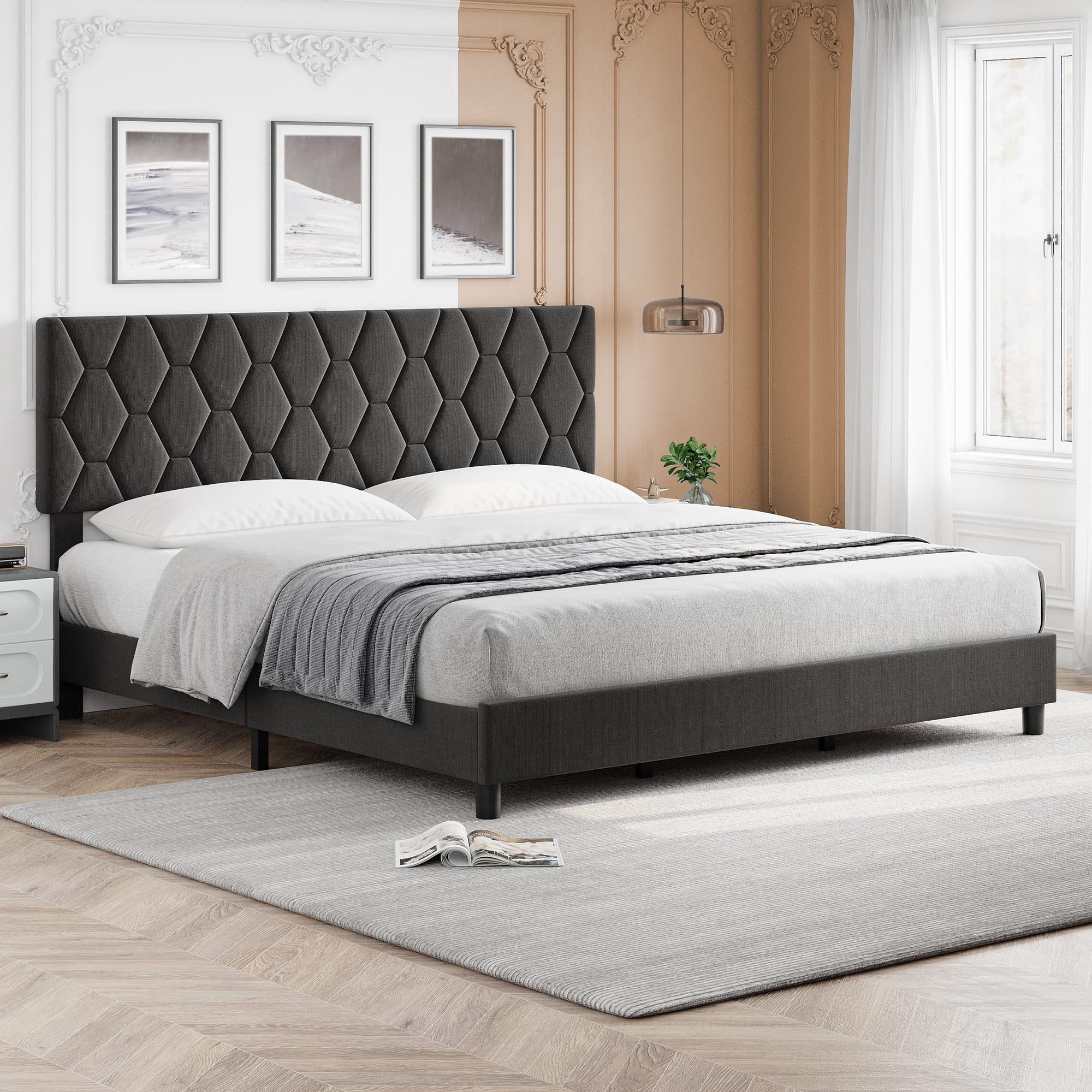 Beige/Grey Modern Upholstered Platform Bed Frame, Adjustable Headboard ...