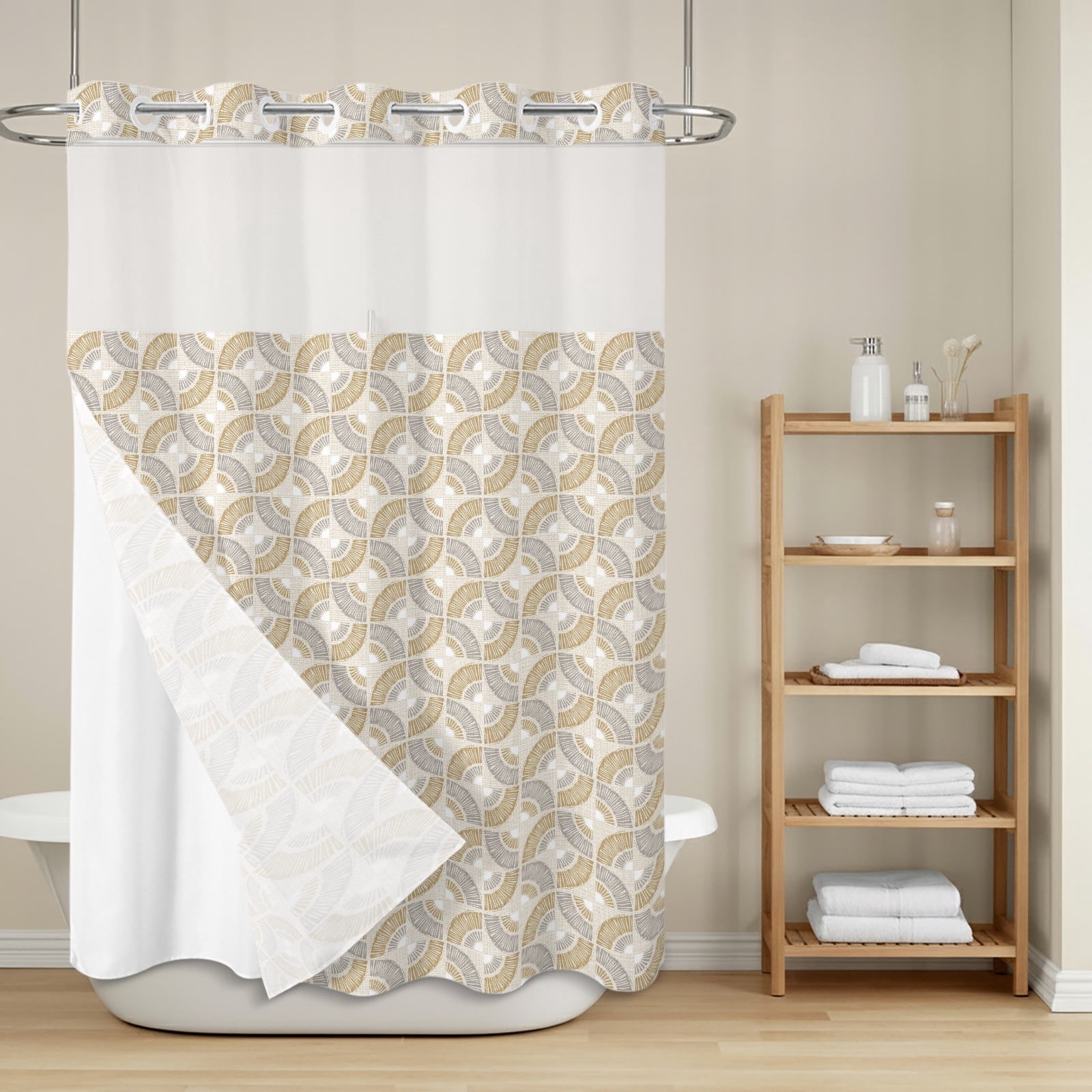 Beige Grey Plaid No Hook Shower Curtain with Snap in Liner, Minimalist ...
