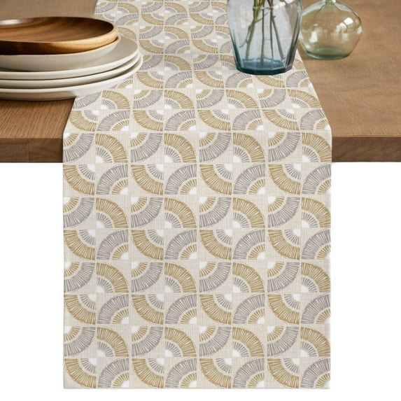 Beige Grey Plaid Table Runner, Minimalist Geometric Interlocking ...