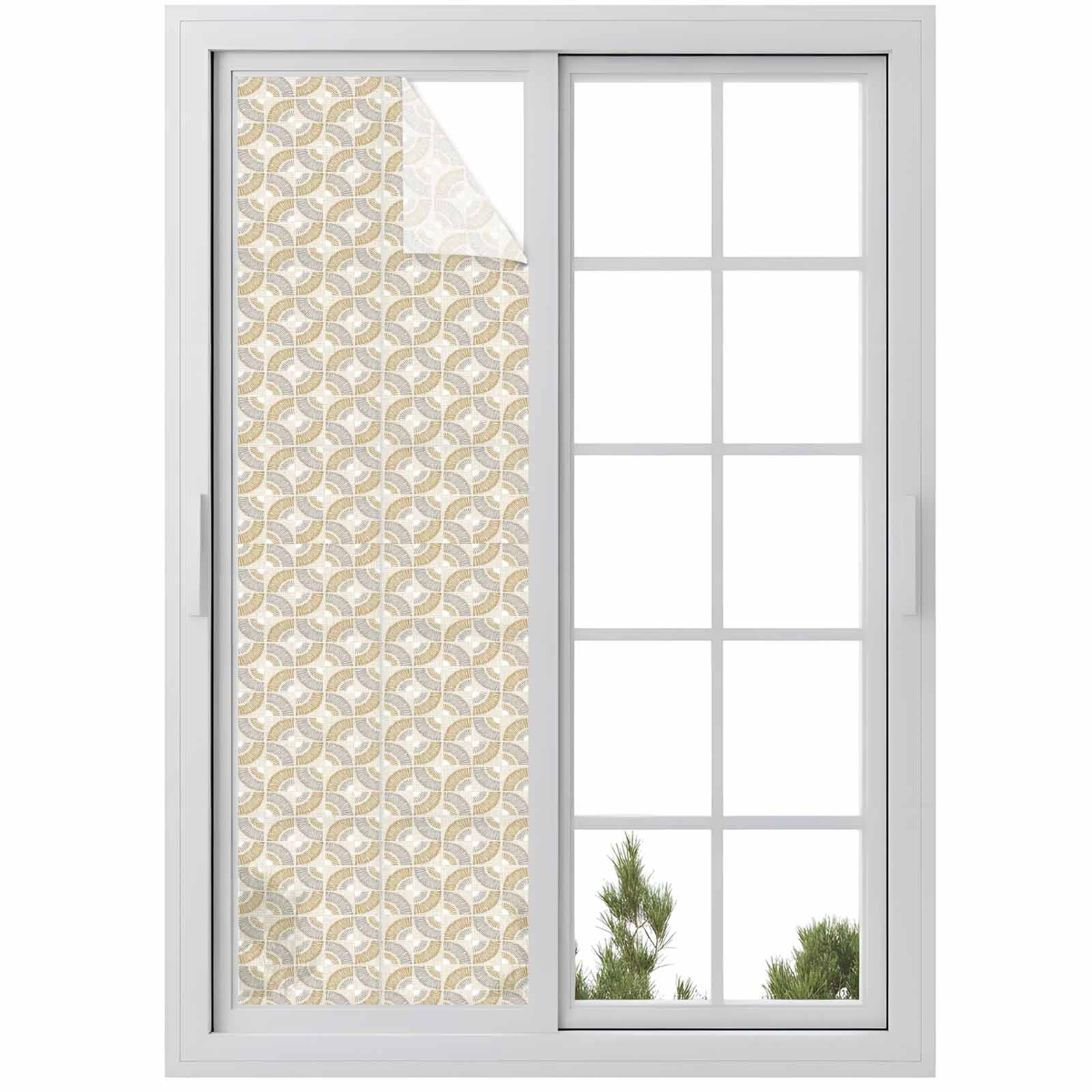 Beige Grey Plaid Window Privacy Film Minimalist Geometric Interlocking ...
