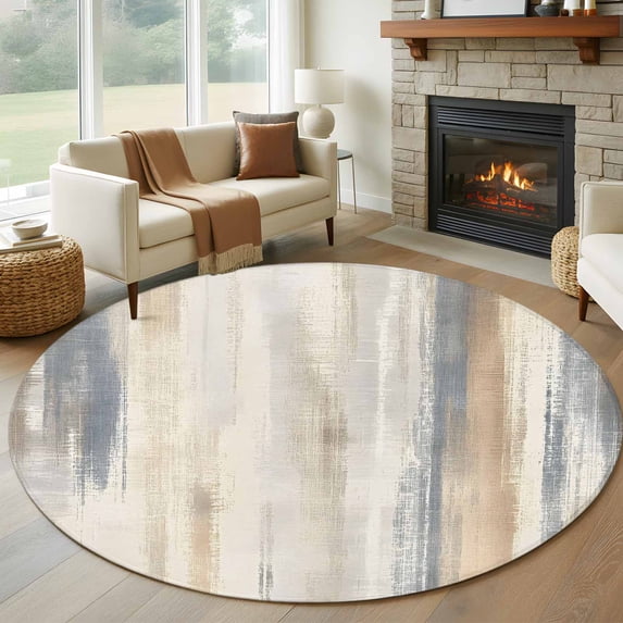 Beige Grey Round Area Rug 6 FT, Non Slip Bedroom Rugs, Abstract Mottled ...