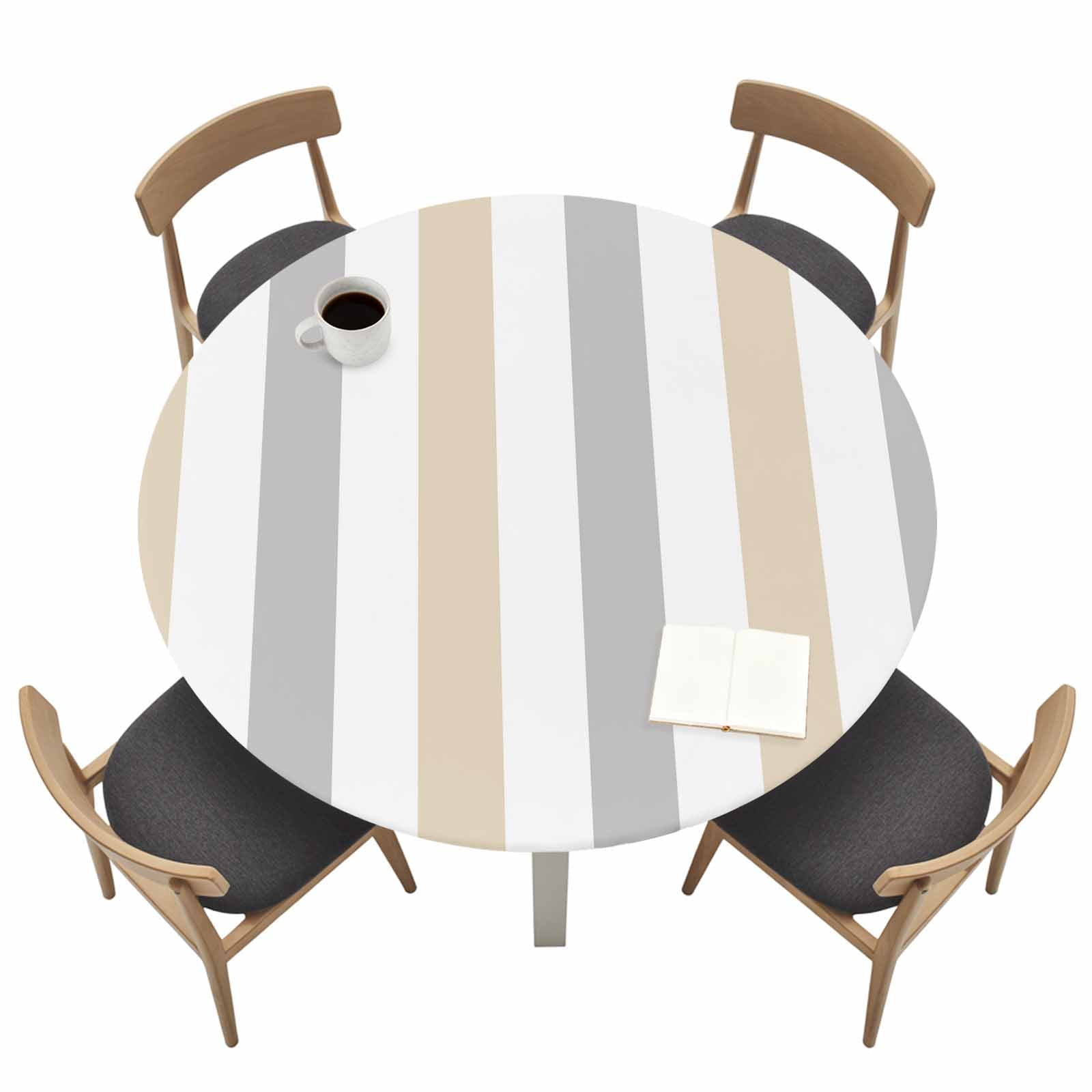 Beige Grey Stripe Round Fitted Tablecloth with Elastic Edge Classic ...