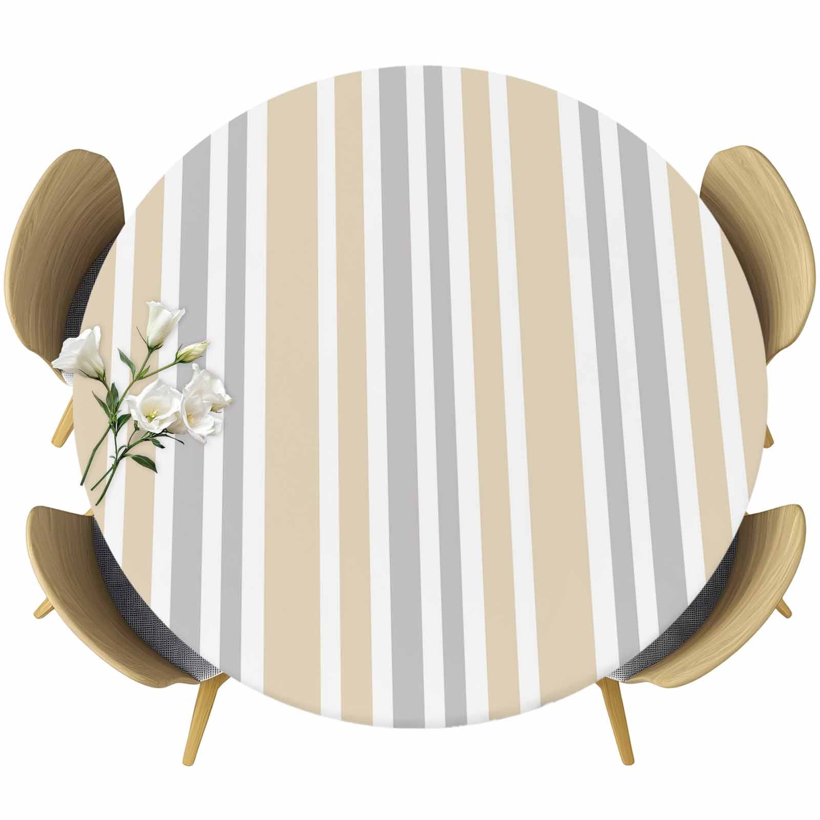 Beige Grey Stripe Round Tablecloth, Fitted Table Cover with Elastic for ...