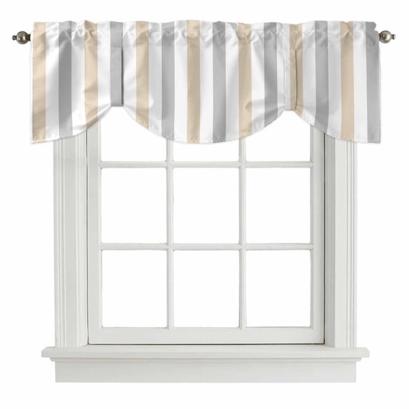 Beige Grey Stripe Tie Up Valance Curtains Classic Modern Adjustable ...