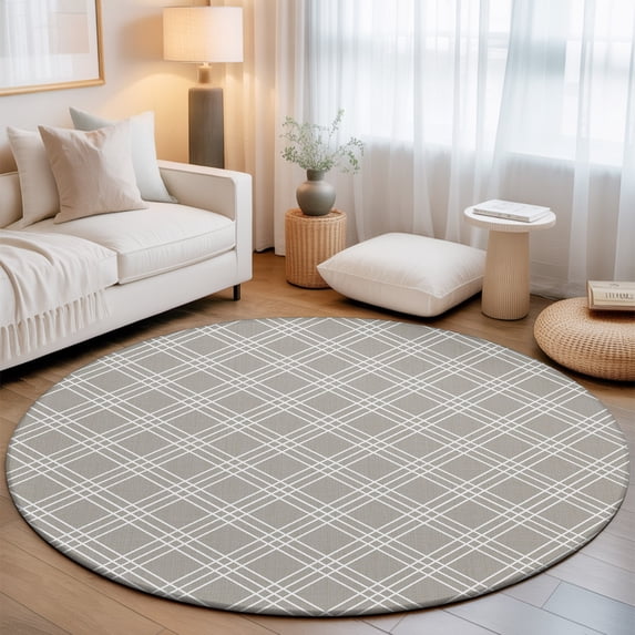 Beige Grid 3.3' Round Rug for Bedroom Reading Corner, Modern Minimalist ...