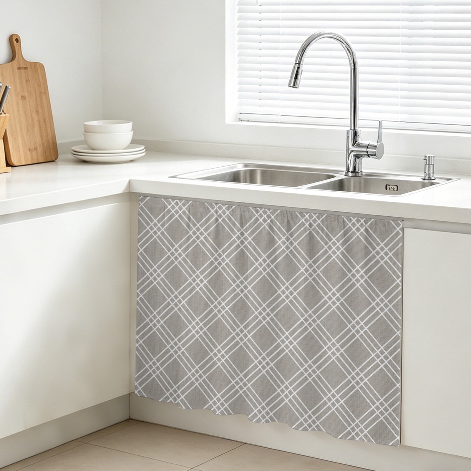 Beige Grid Cabinet Curtains for Kitchen 10"W x 11"L, Modern Minimalist ...