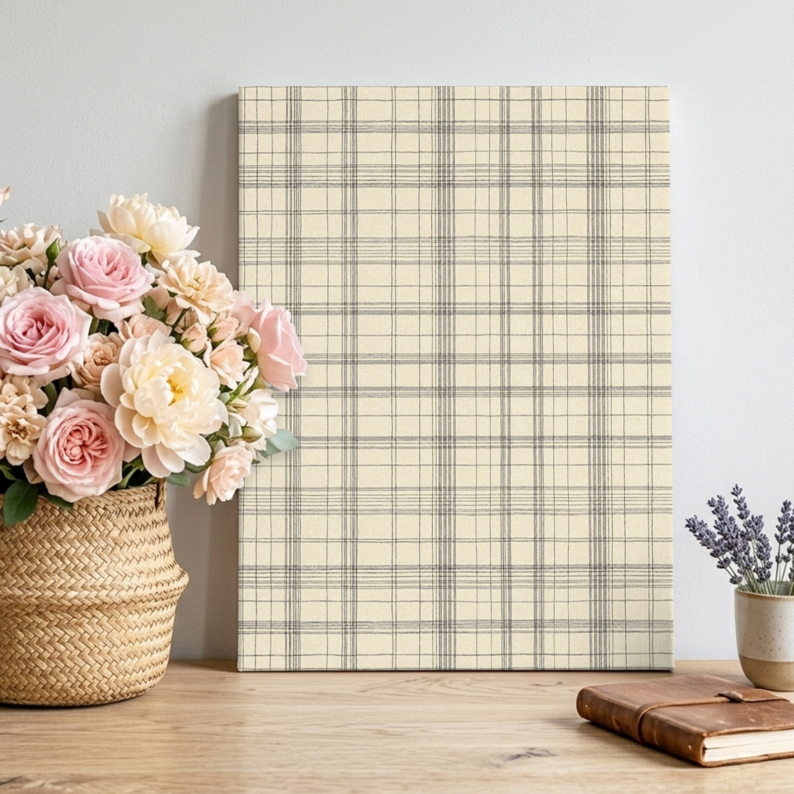 Beige Grid Gingham Canvas Wall Art for Living Room, Abstract Modern ...
