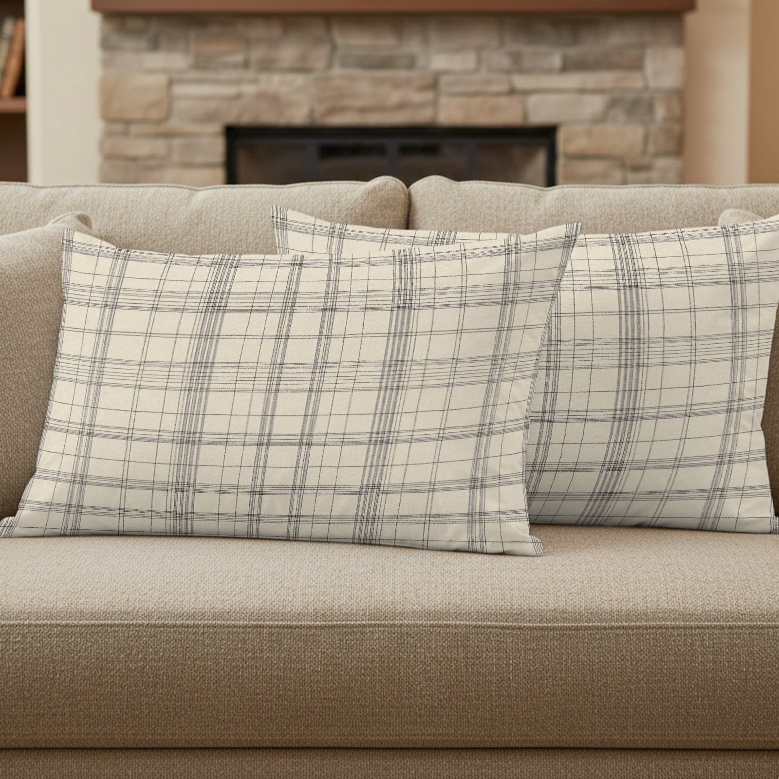 Beige Grid Gingham Pillow Covers Set of 2, Abstract Modern Minimalist ...