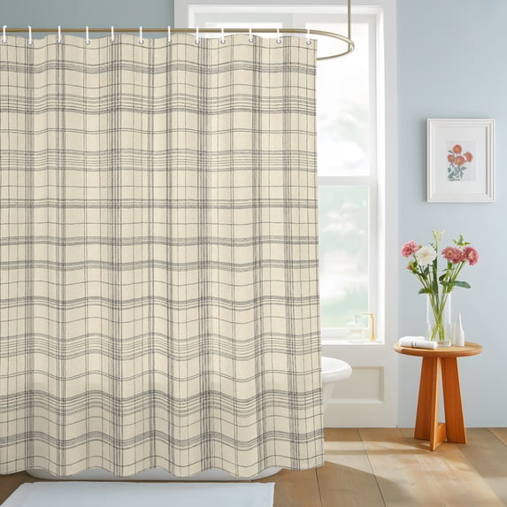 Beige Grid Gingham Shower Curtain, Abstract Modern Minimalist Gray ...