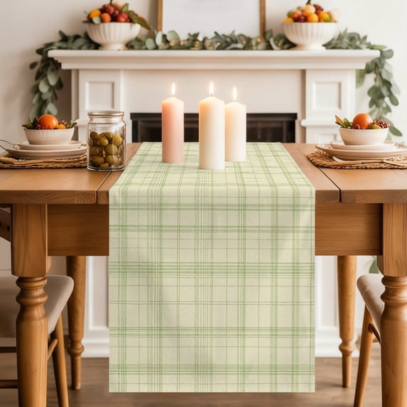 Beige Grid Gingham Table Runner, Abstract Modern Minimalist Green ...