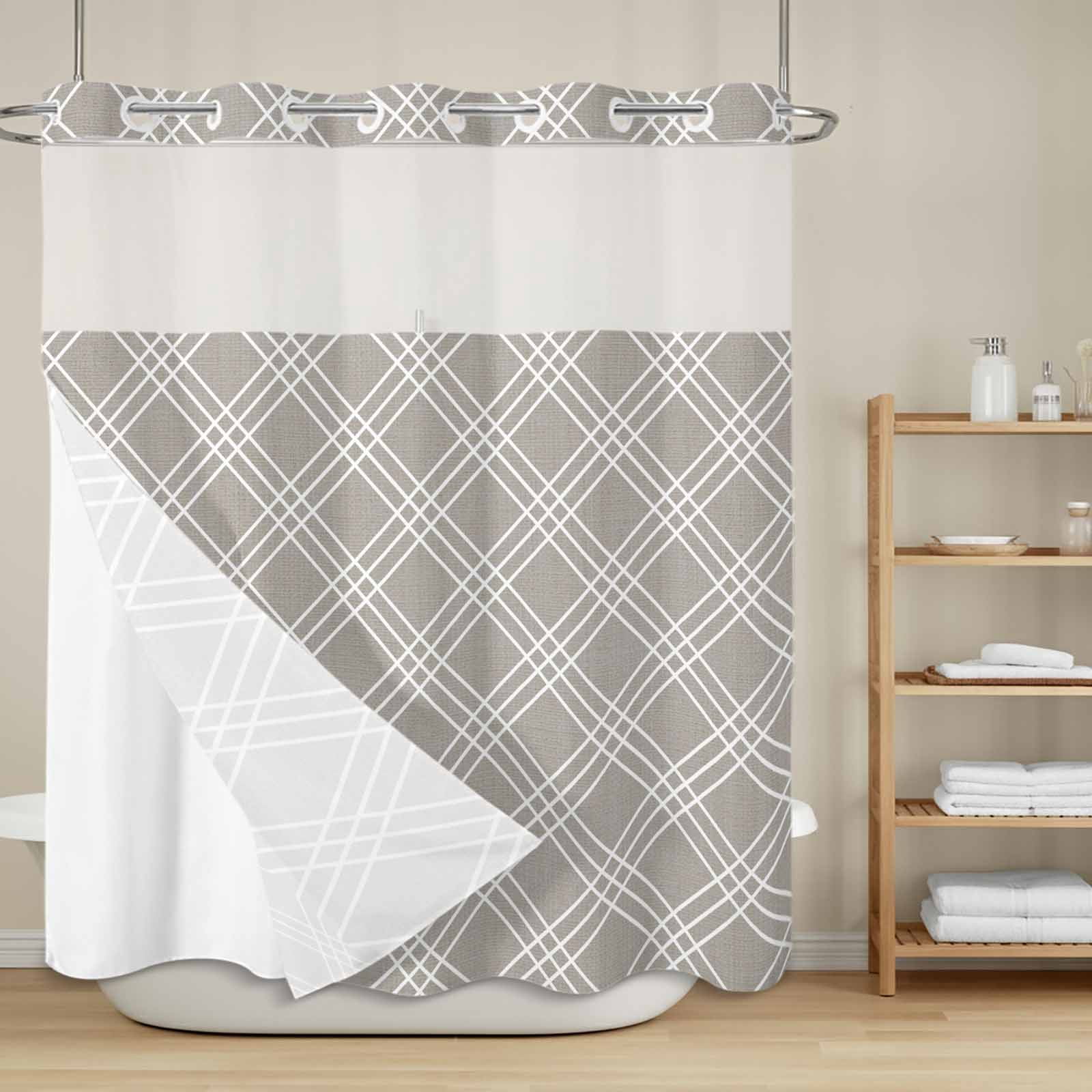 Beige Grid No Hook Shower Curtain with Snap in Liner, Modern Minimalist ...