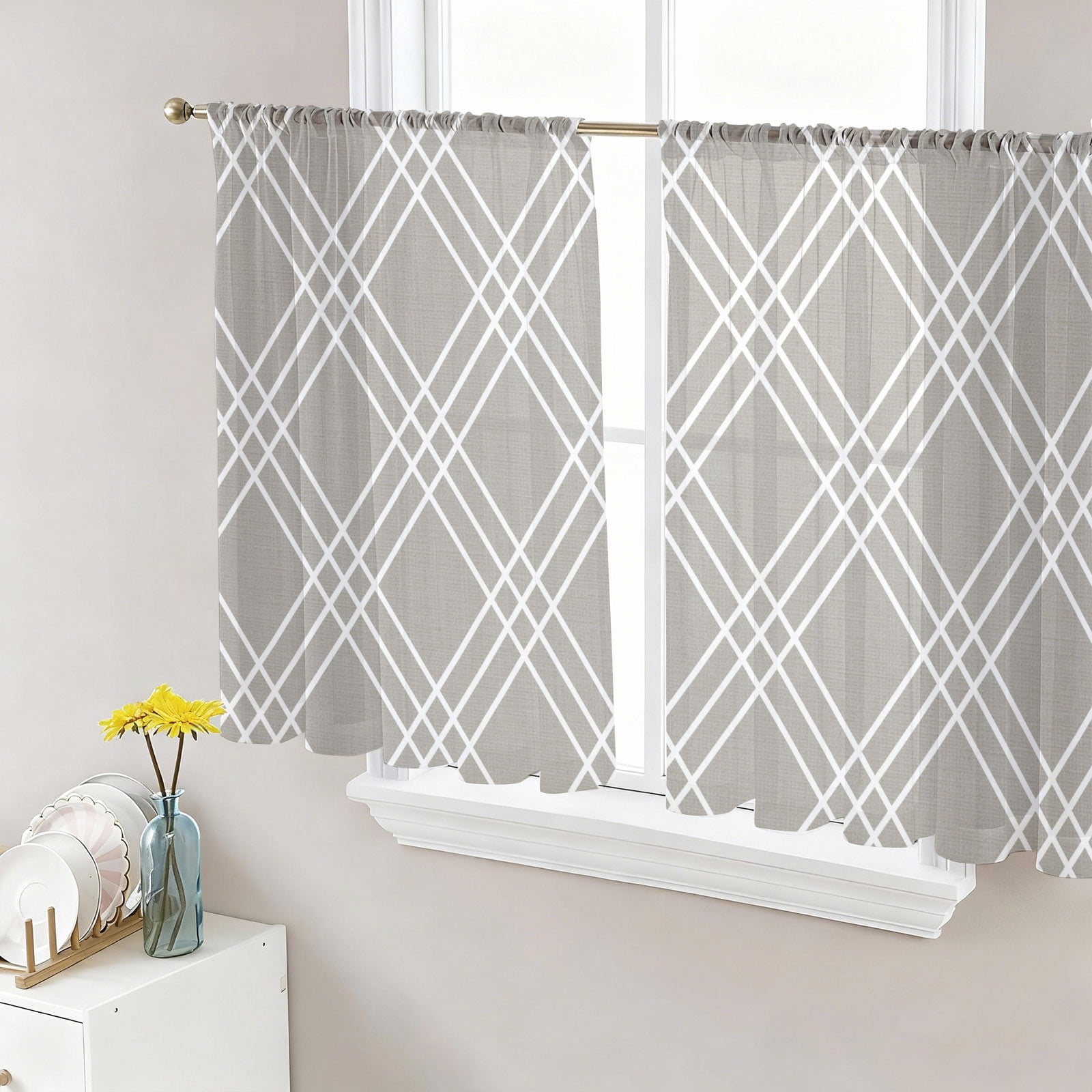 Beige Grid Sheer Curtains for Living Room Bedroom, Modern Minimalist ...