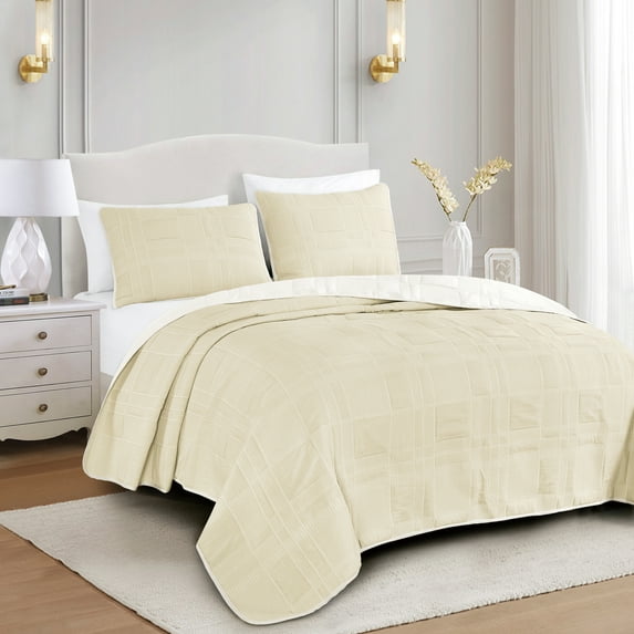 Beige Grid Texture 3-Piece Reversible Quilted Bedspread Set,King ...