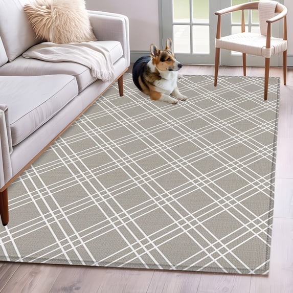 Beige Grid Washable Area Rug 4x6 Modern Minimalist Classic White Fine ...