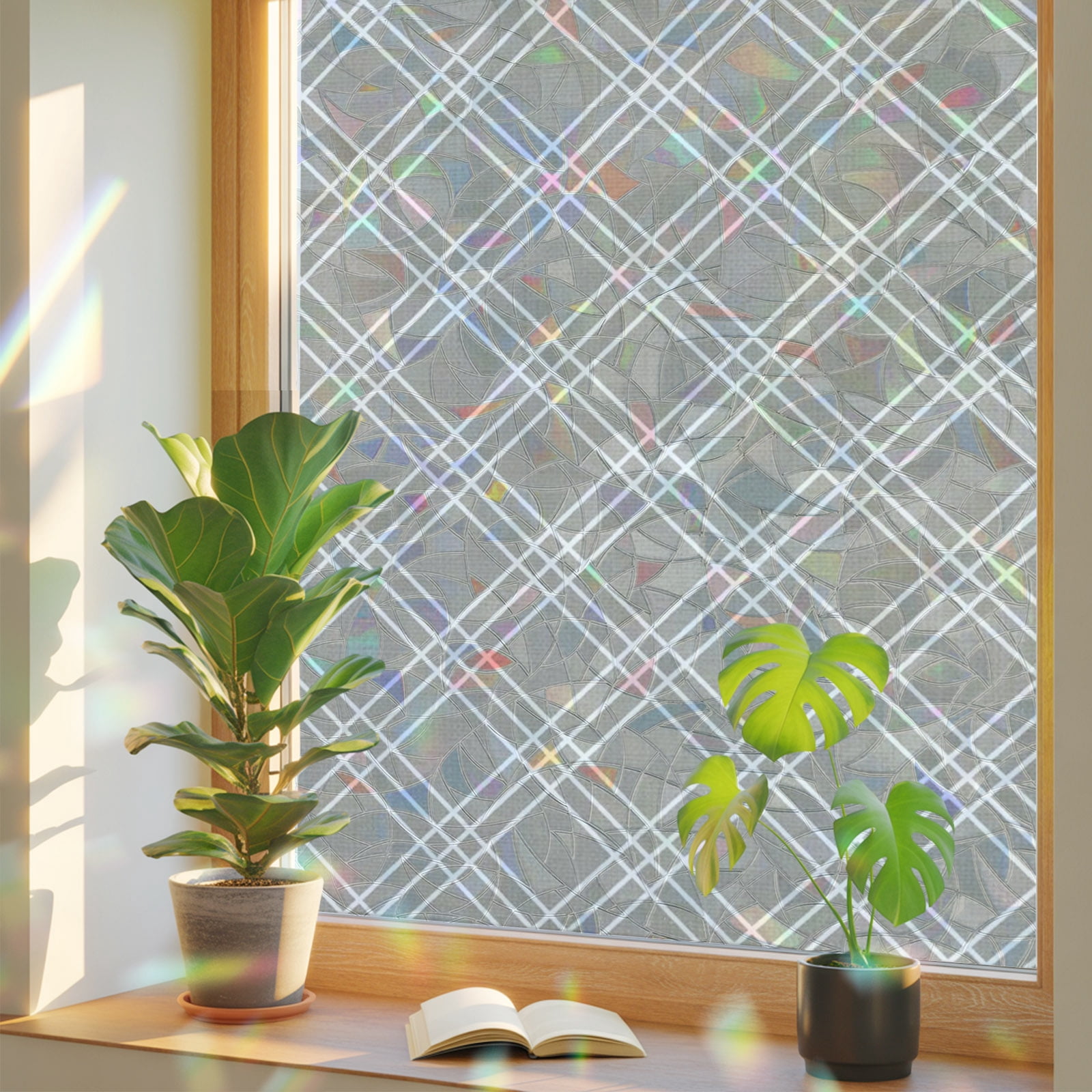 Beige Grid Window Privacy Film, Modern Minimalist Classic White Fine ...