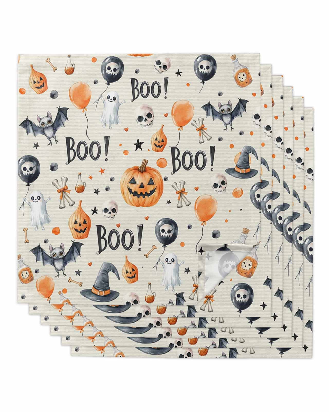 Beige Halloween Cloth Napkins Set of 6 Reusable Dinner Napkins, Scary ...