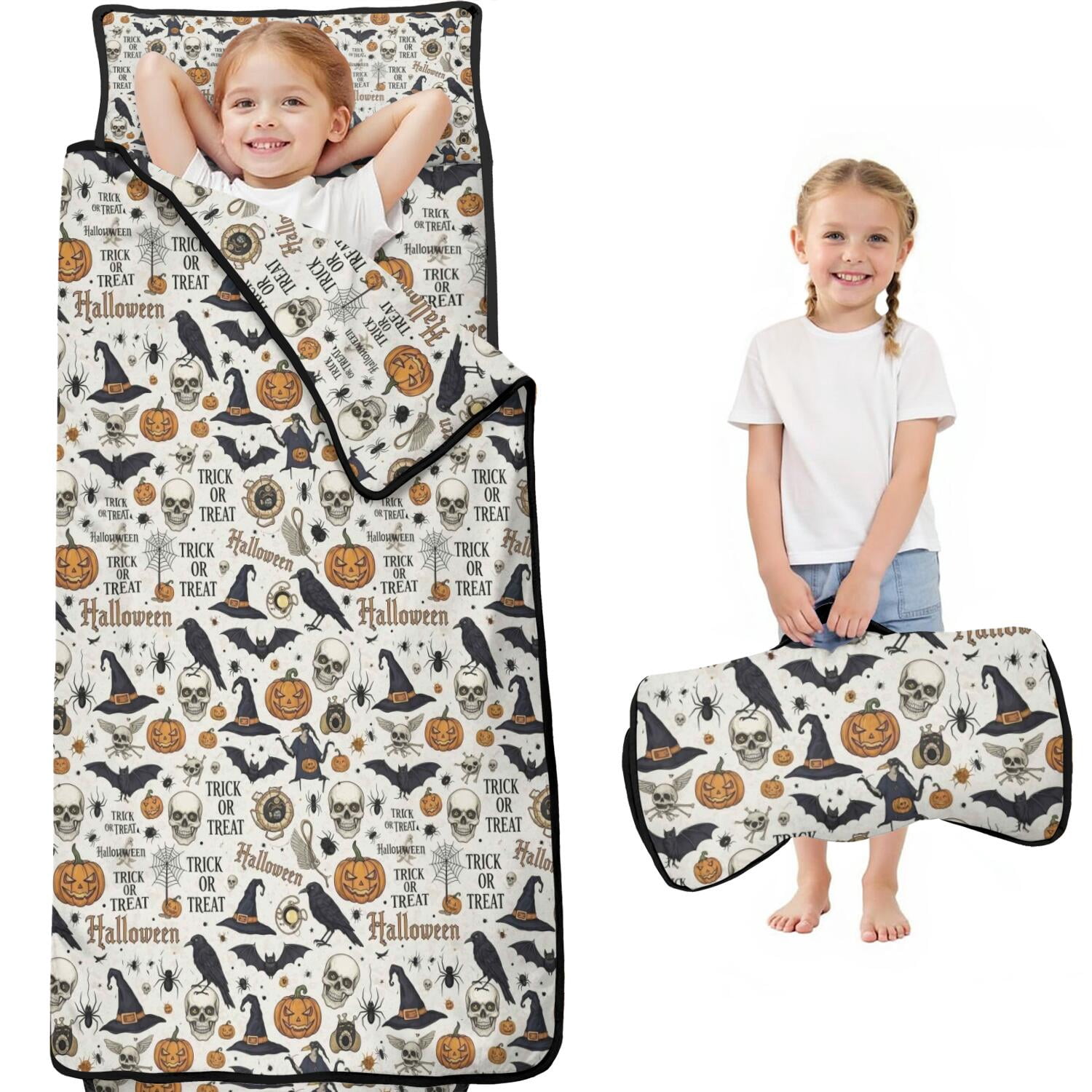 Beige Halloween Pumpkin Skull Bat Pattern Toddler Nap Mats for Kids ...