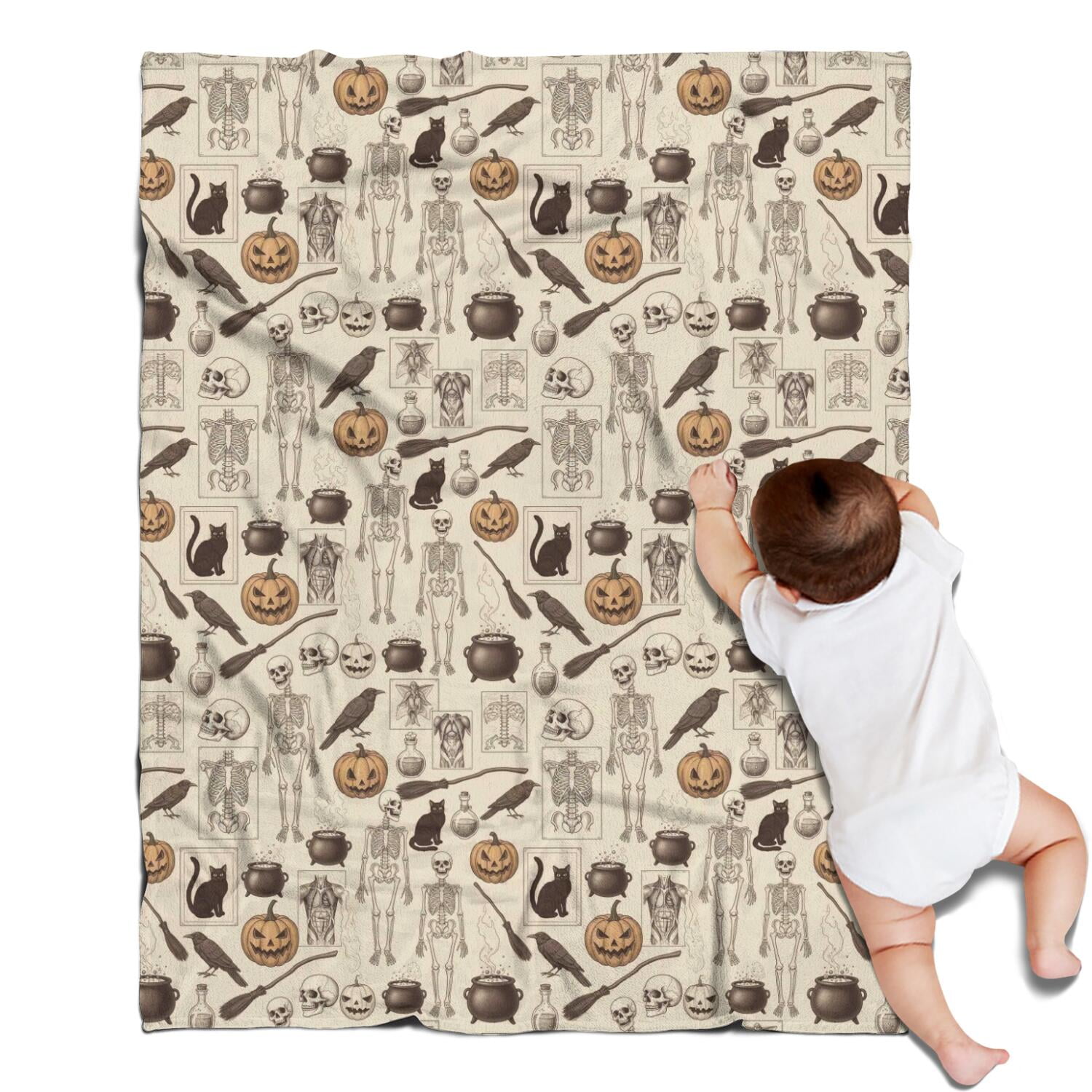 Beige Halloween Skull Pumpkin Cat Pattern Blanket,Comfortable Soft Lamb ...