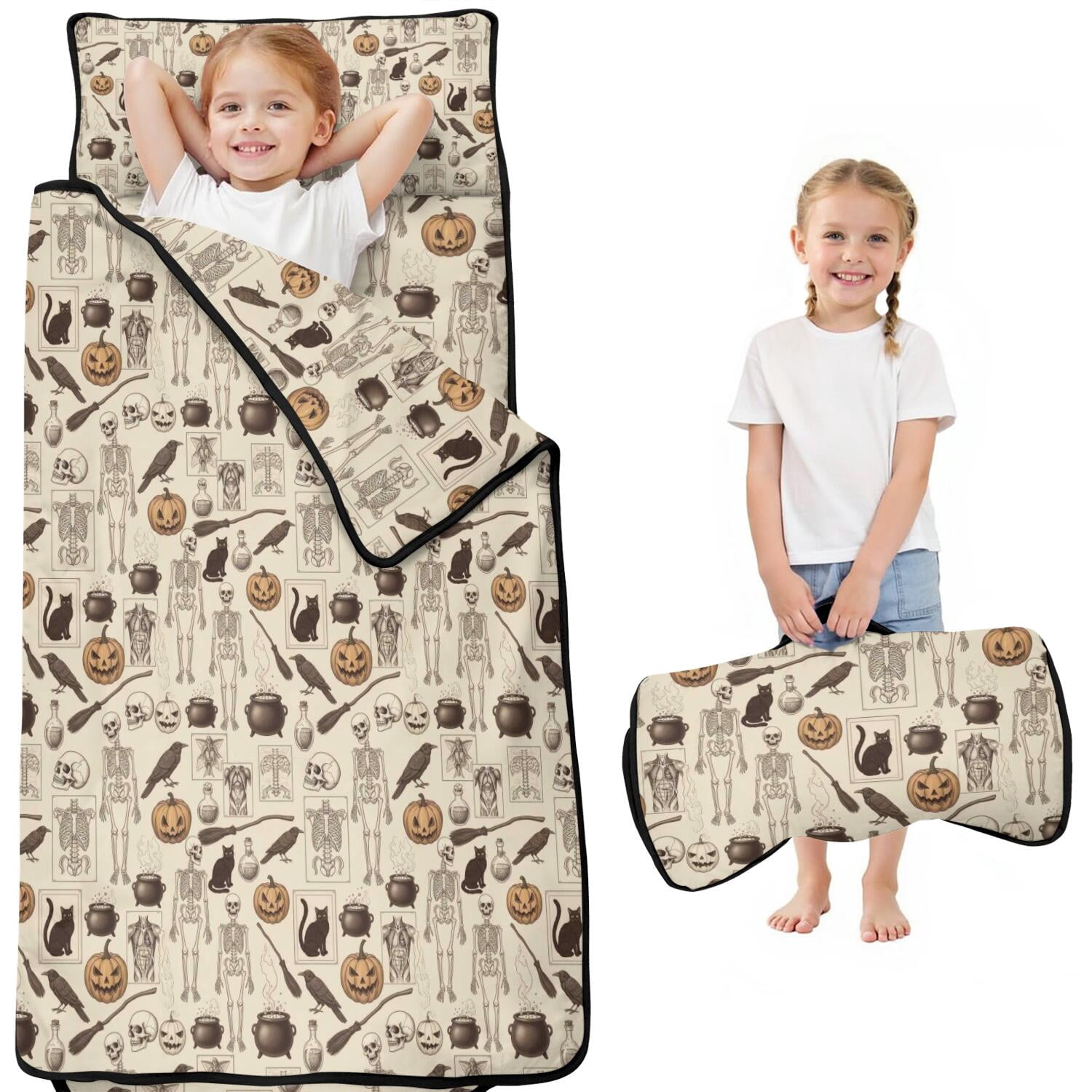 Beige Halloween Skull Pumpkin Cat Pattern Toddler Nap Mats for Kids ...
