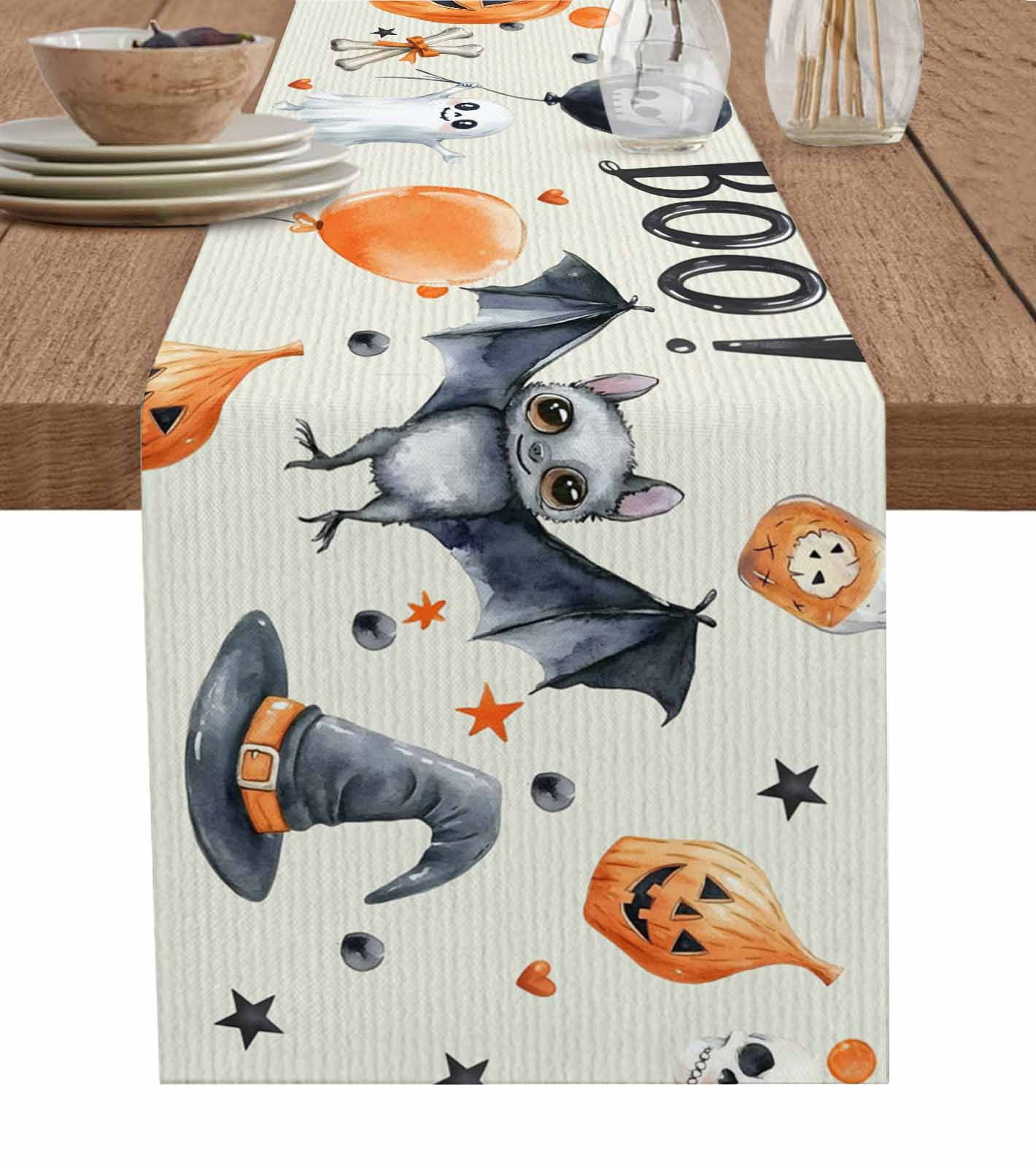 Beige Halloween Table Runner 72 Inches, Scary Pumpkin Ghost Skull ...