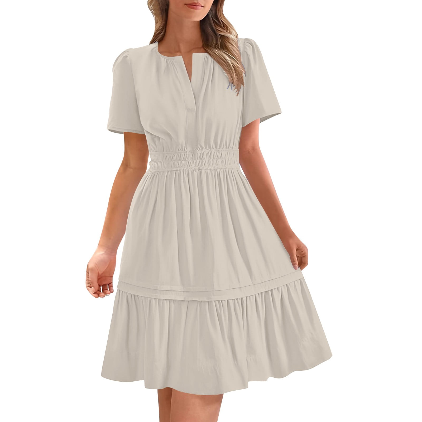 Beige Hawaiian Ruched Beach Happy Holiday Gift Brunch Sundresses for ...
