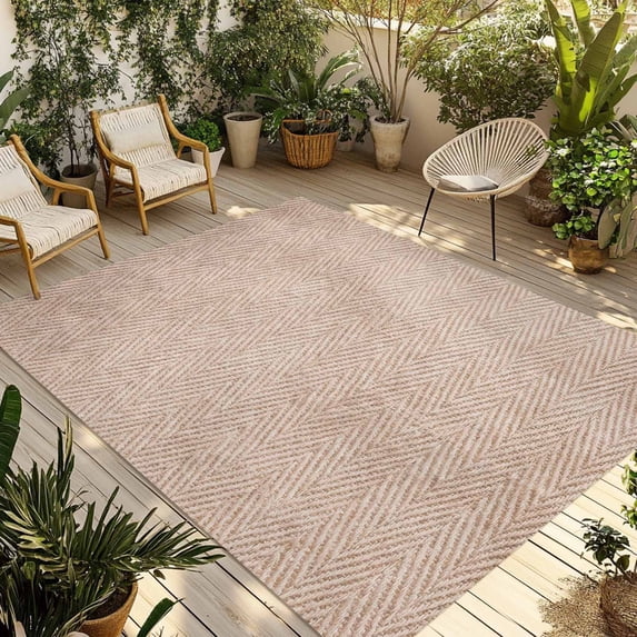 Beige Herringbone Outdoor Rug 3x5 ft Modern Minimalist Woven Textured ...