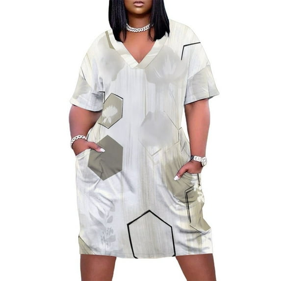 Beige Hexagons Floral Design Wallpaper Loose Pocket Dress Dresses ...