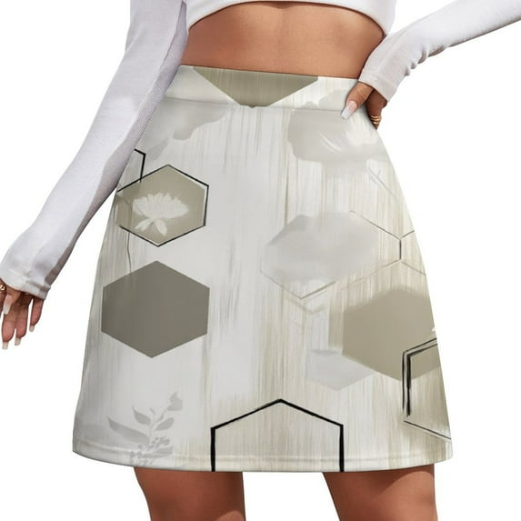 Beige Hexagons Floral Design Wallpaper Women's High Waist Skirt ...