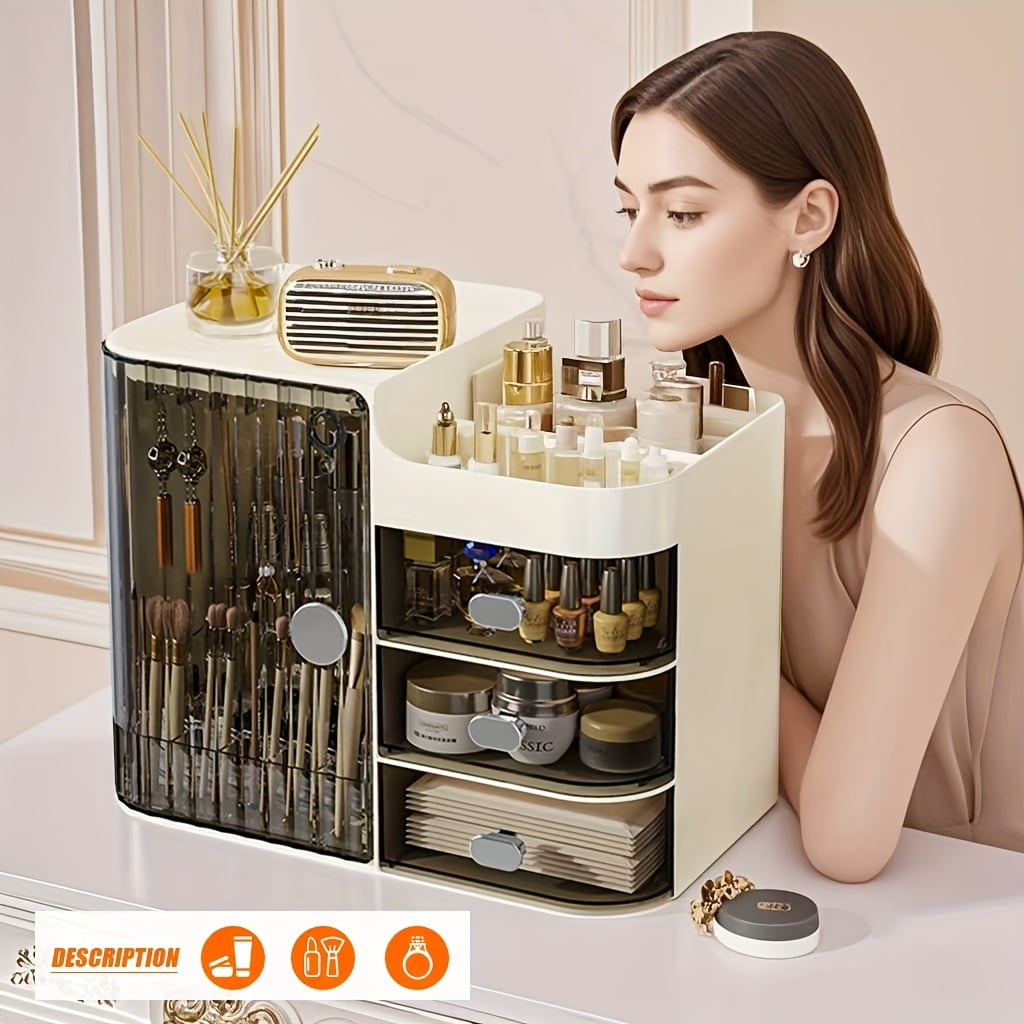 Beige High-Capacity Makeup & Toiletry Storage Box | 3 Drawers, Built-in ...